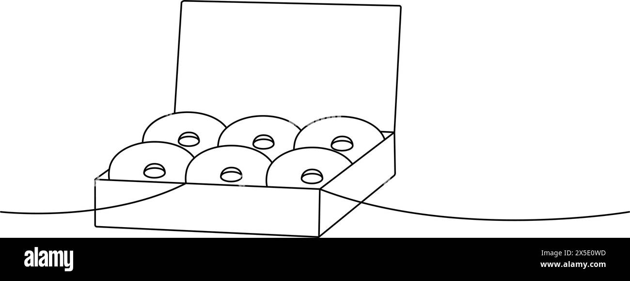 Donuts in a cardboard box one line continuous drawing. Bakery sweet ...