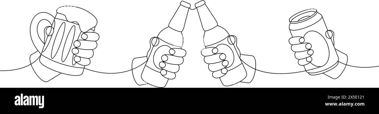 Hands holding a beer bottle one line continuous drawing. Beer pub ...