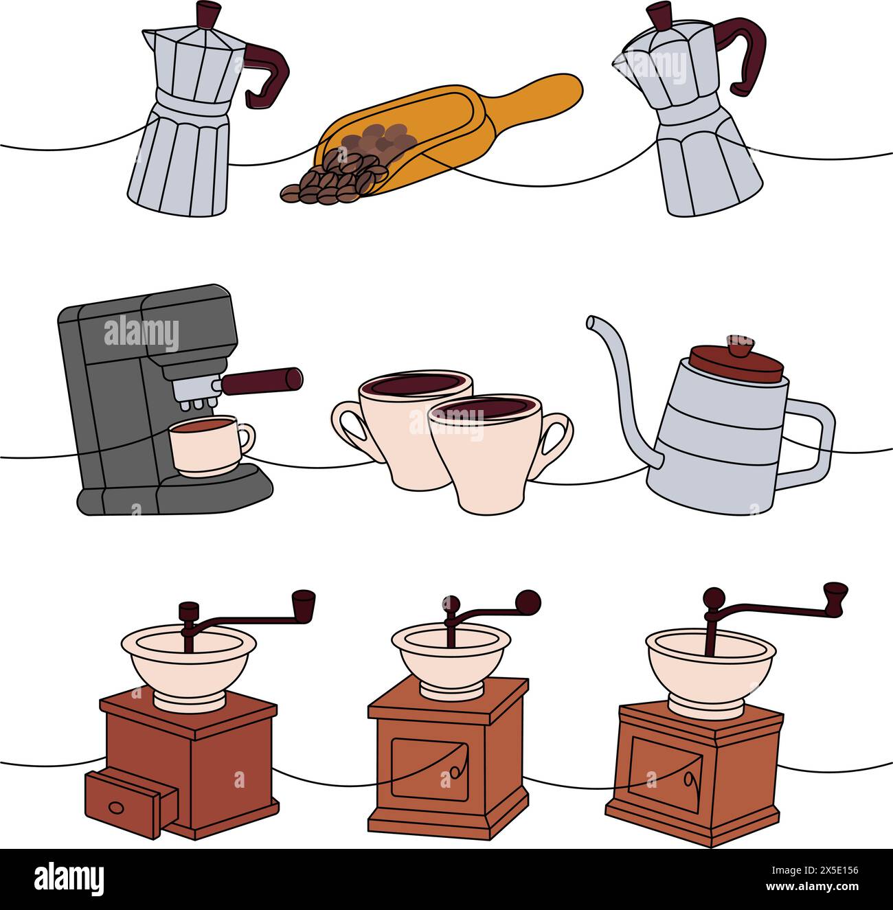 Coffee set. Italian coffee maker, wooden scoop, coffee machine ...