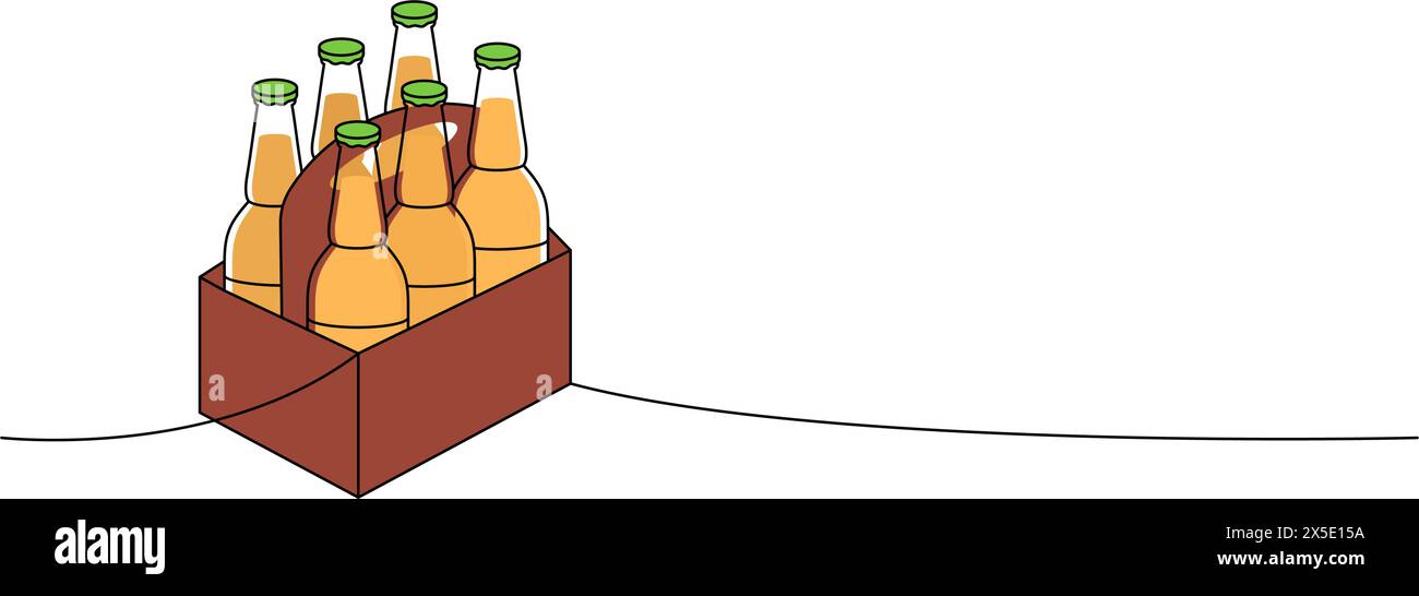Beer bottles set one line colored continuous drawing. Beer pub products ...
