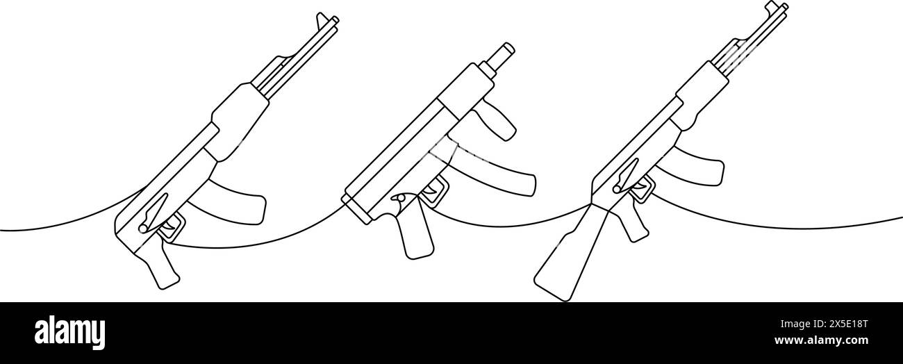 Set of tactical assault rifles one line continuous drawing. Various ...