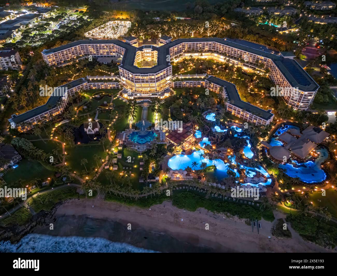 A night time aerial view of the Grand Wailea a Waldorf Astoria Resort ...
