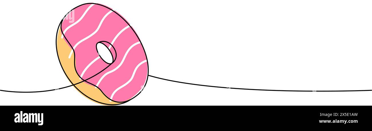 Doughnut one line colored continuous drawing. Bakery sweet pastry food ...