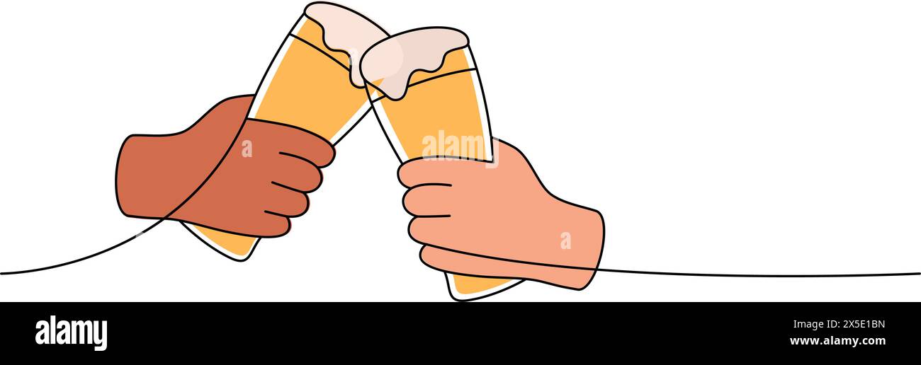 Hands holding beer mugs one line colored continuous drawing. Beer pub ...