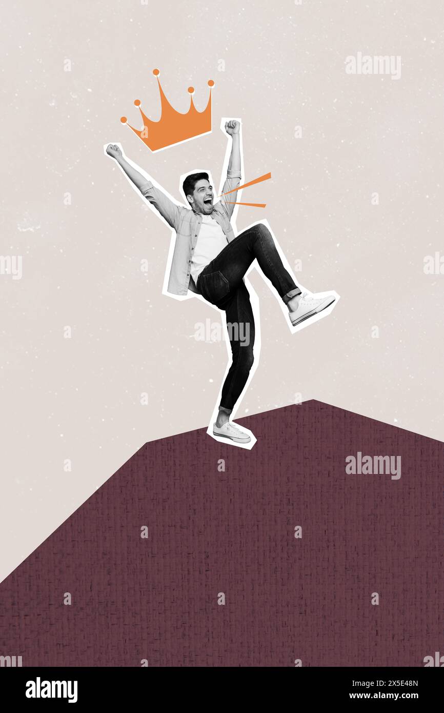 Vertical collage young happy joyful man scream golden crown positive ...