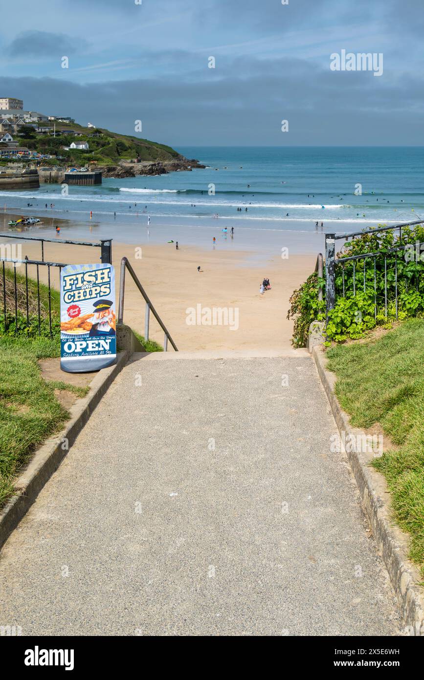 An entrance to the steps leading down to Towan beach in Newquay in ...