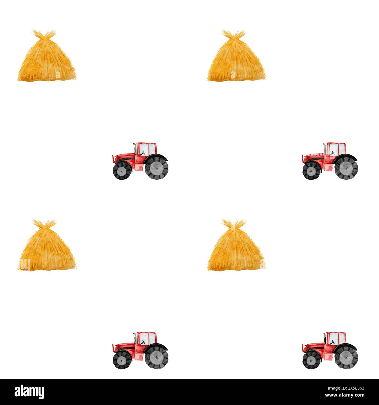Tractor watercolor seamless pattern. Drawing of a red toy car and a ...
