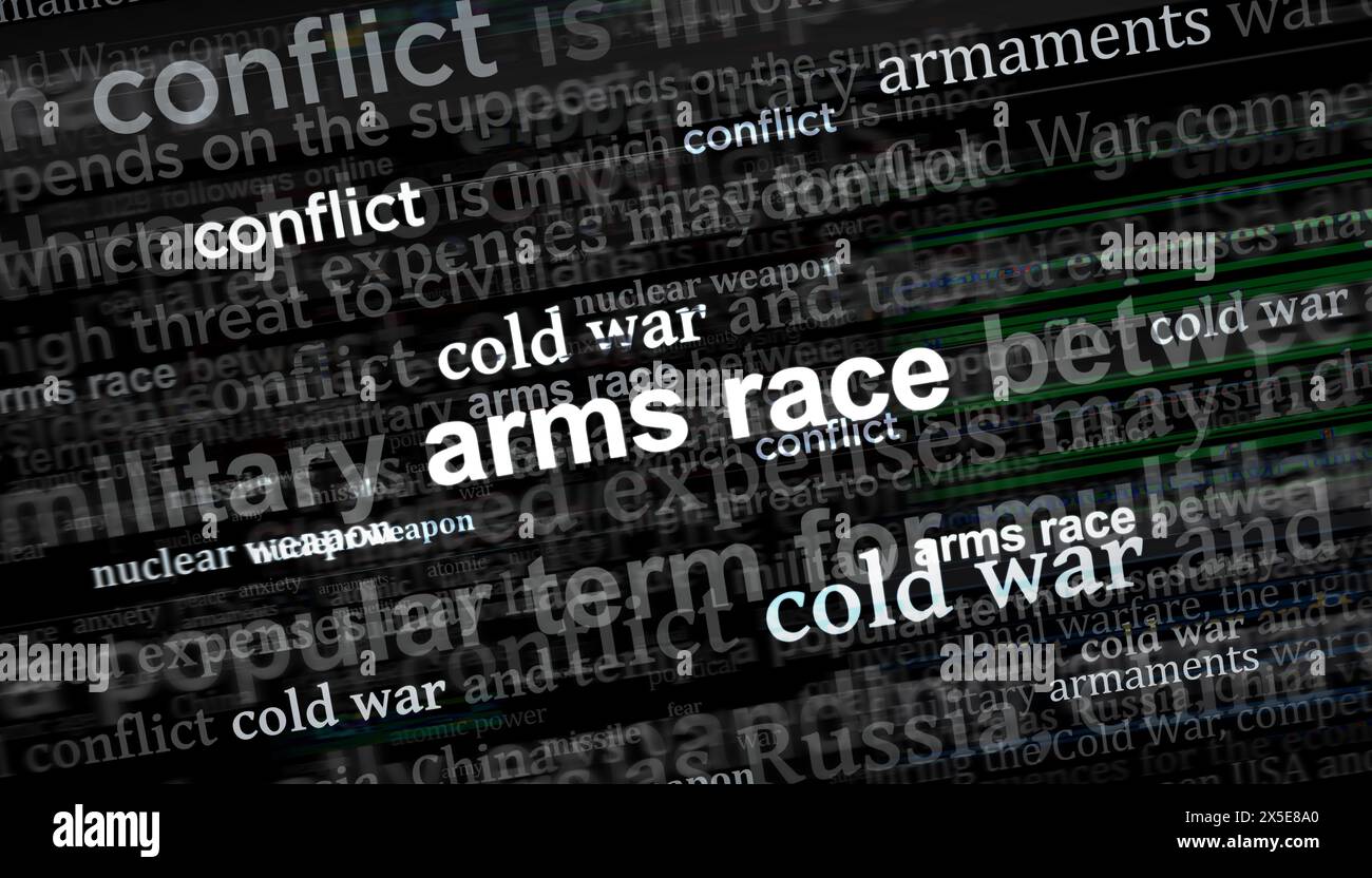 Arms race cold war and nuclear conflict. Headline news titles ...