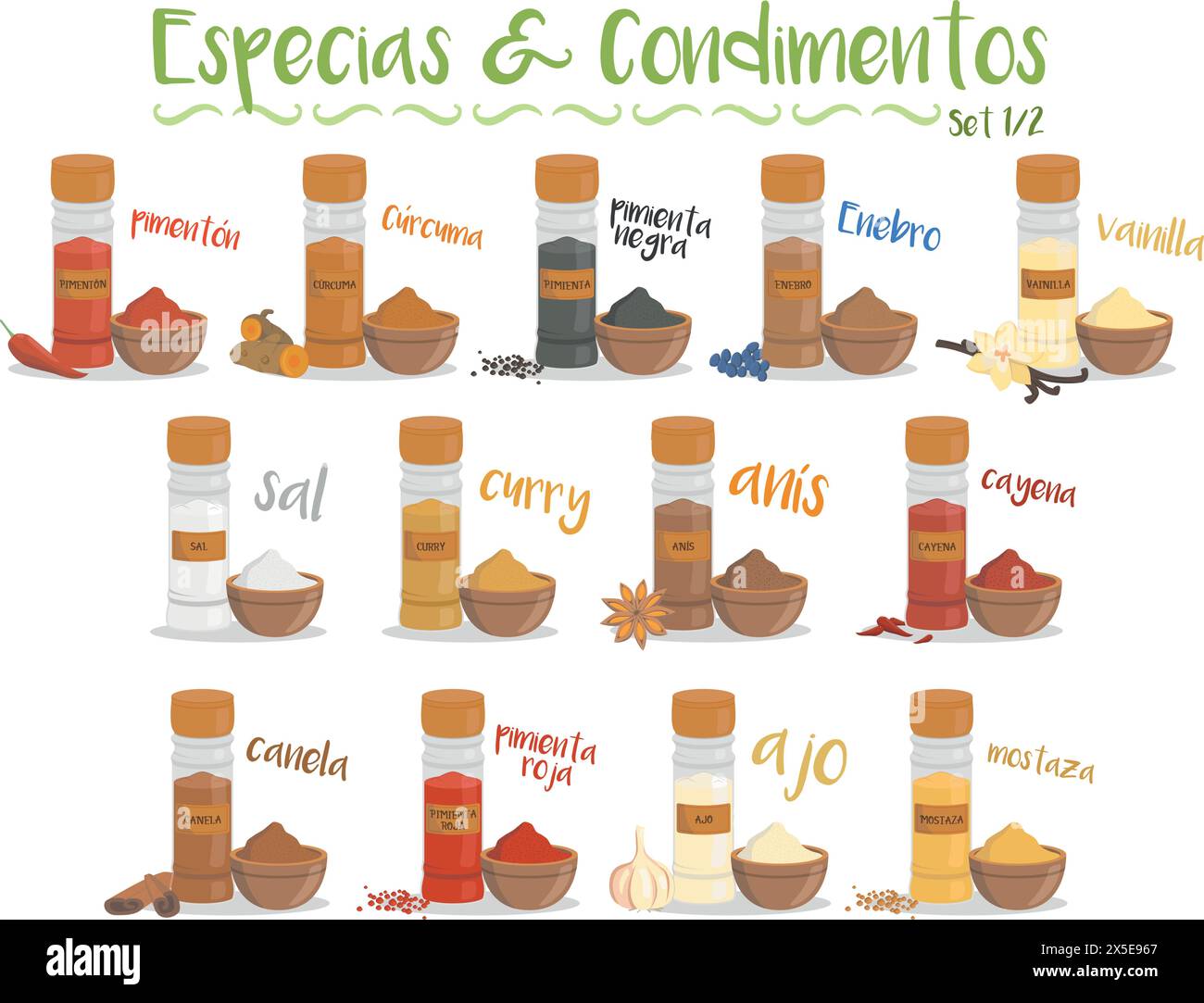 Set of 13 different culinary species and condiments in cartoon style ...