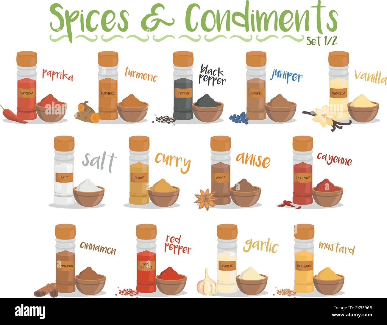 Set of 13 different culinary species and condiments in cartoon style ...