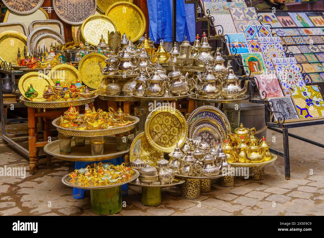 View of various typical metal items on display for sale, in the Medina ...