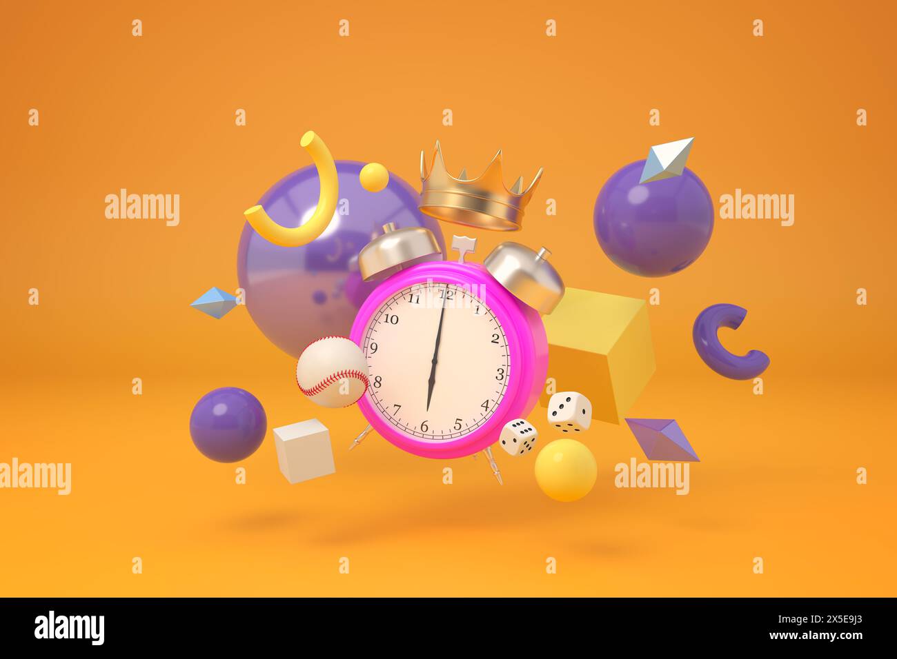 Alarm clock with floating elements around it Stock Photo - Alamy