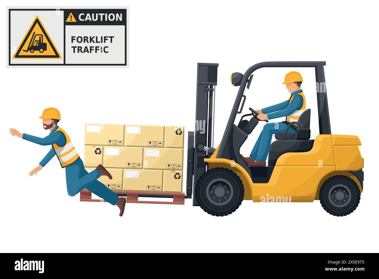 Industrial worker driving a forklift in an accident to a worker. Danger ...