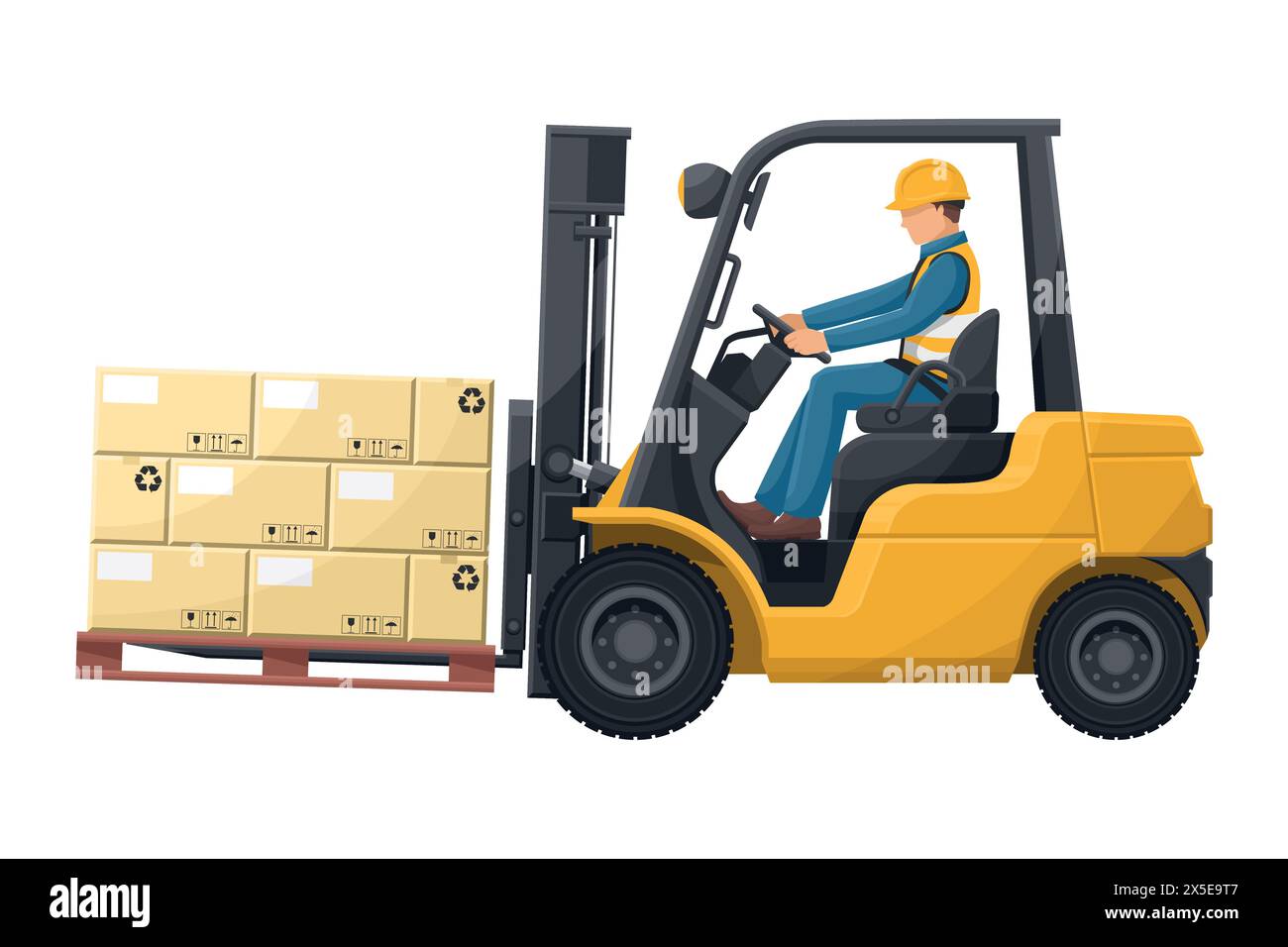 Industrial worker carefully driving a forklift. Yellow lift truck ...