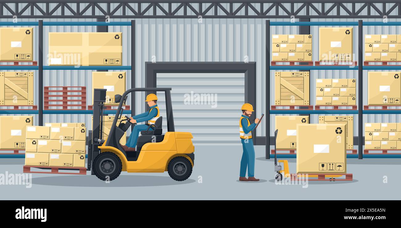 Warehouse with industrial metal racks for pallet support. Forklift ...