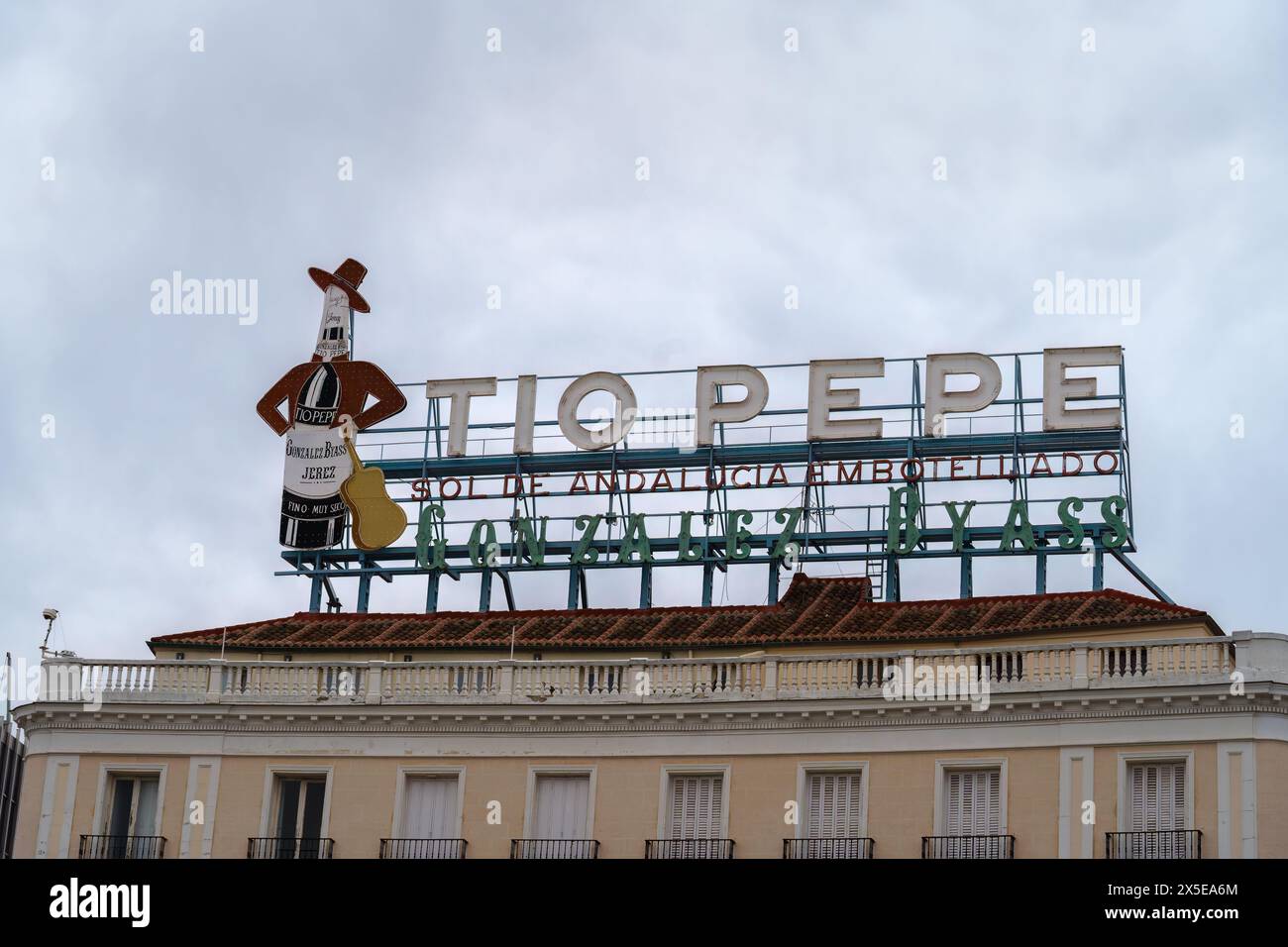 Madrid, Spain. February 11, 2024 - Tio Pepe neon sign on a roof at the ...