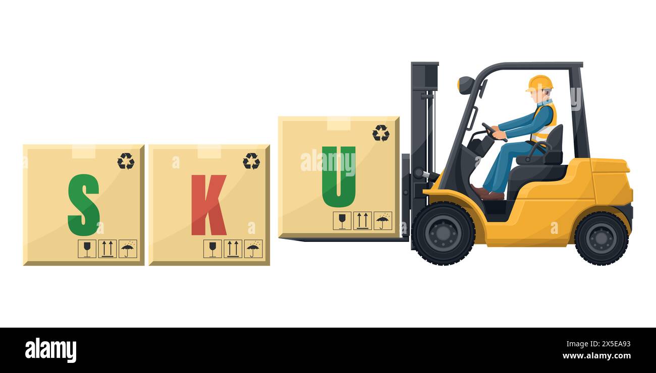 Industrial worker driving a forklift loading boxes. SKU, Stock Keeping ...