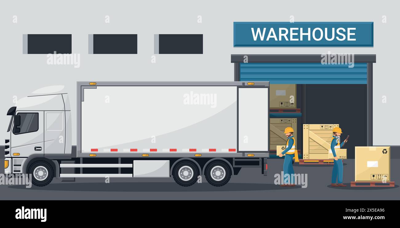 Exterior of an industrial warehouse with workers loading merchandise ...