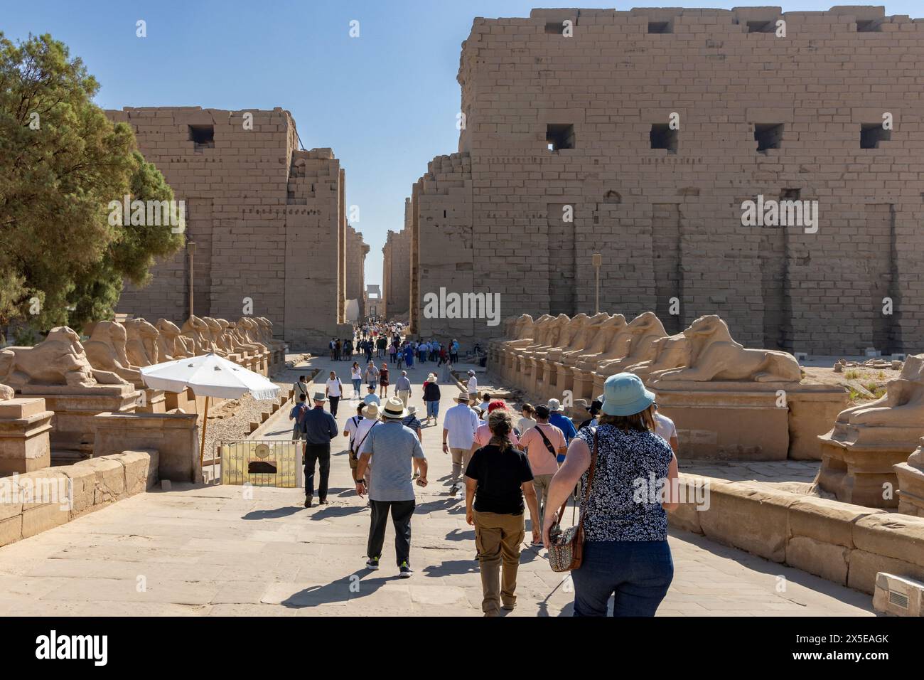 Tourists arriving at the ancient Egyptian temple complex of Karnak ...
