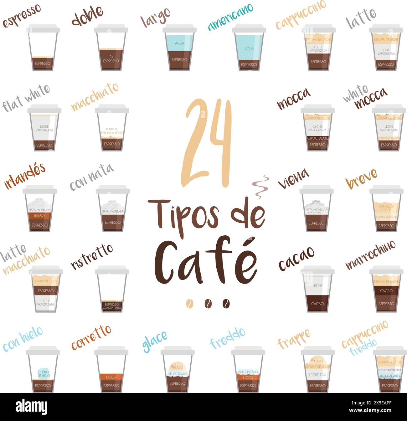 Set of 24 Coffee Types and their preparation in cartoon style Vector ...