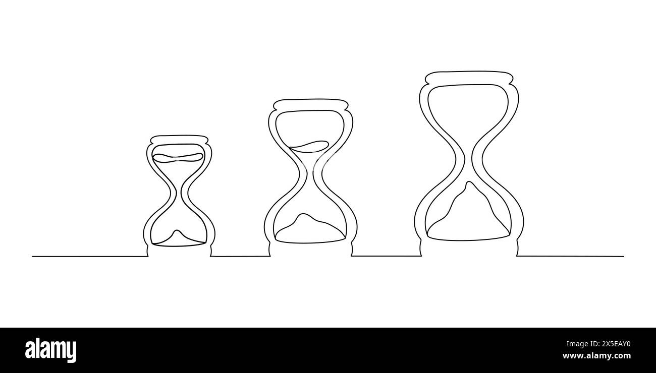 Line drawing of an hourglass with a stream of sand. Set of three ...