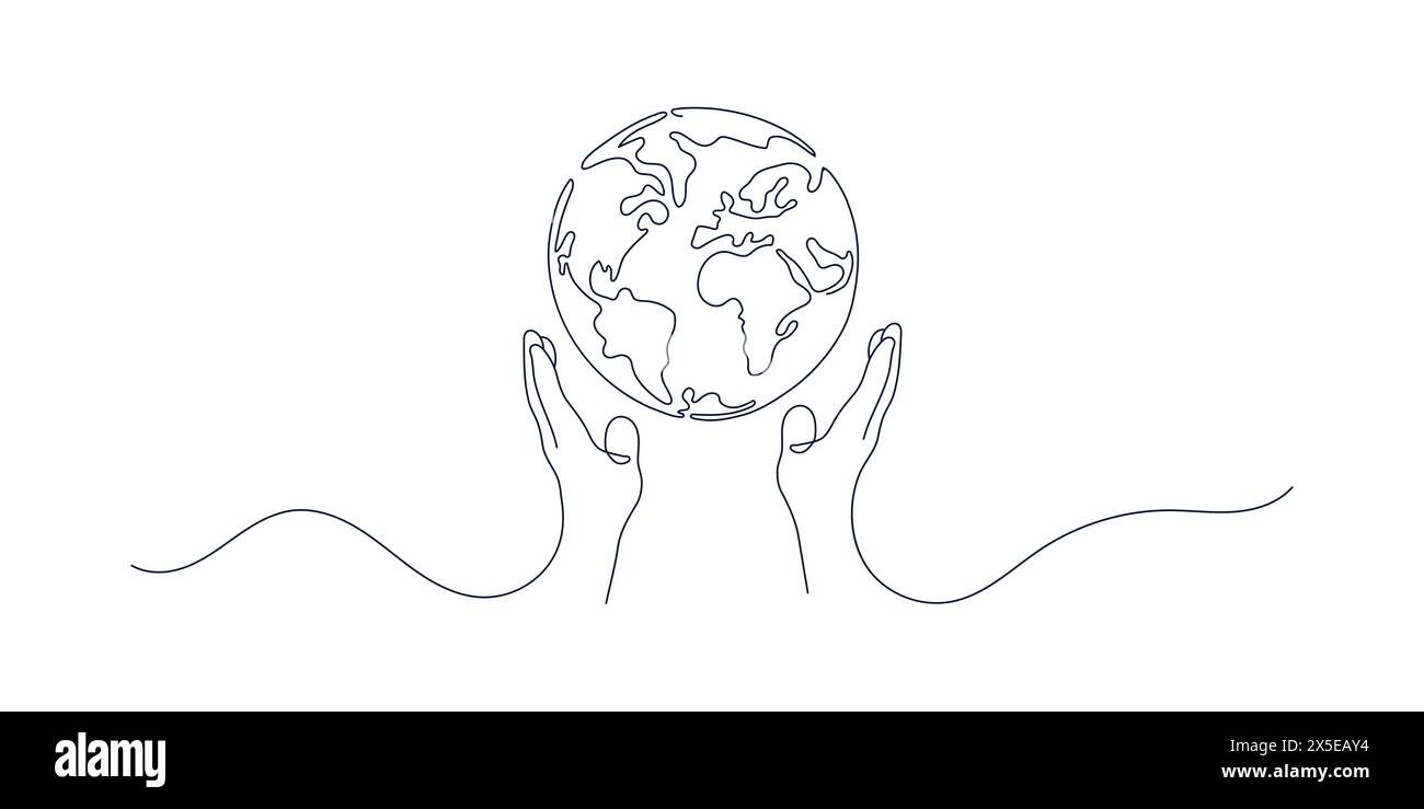 Minimalist line drawing of hands holding planet Earth. The concept of ...