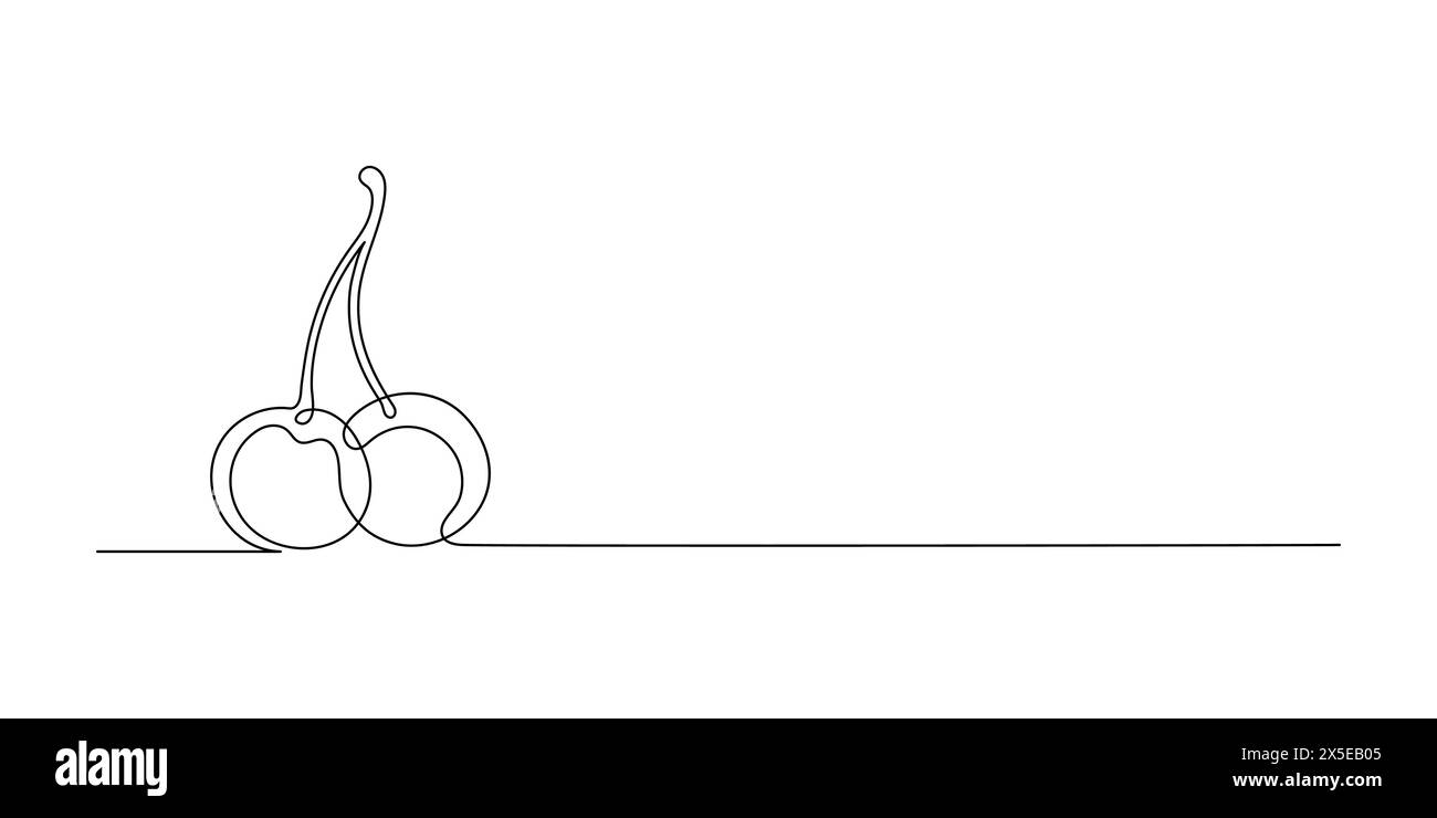 Cherry fruit in continuous line art style on white background ...