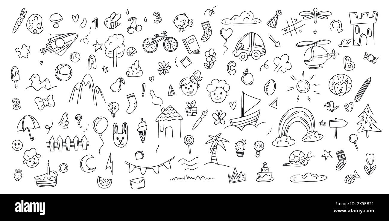 Doodle set of objects from a child's life drawn by hand, including toys ...