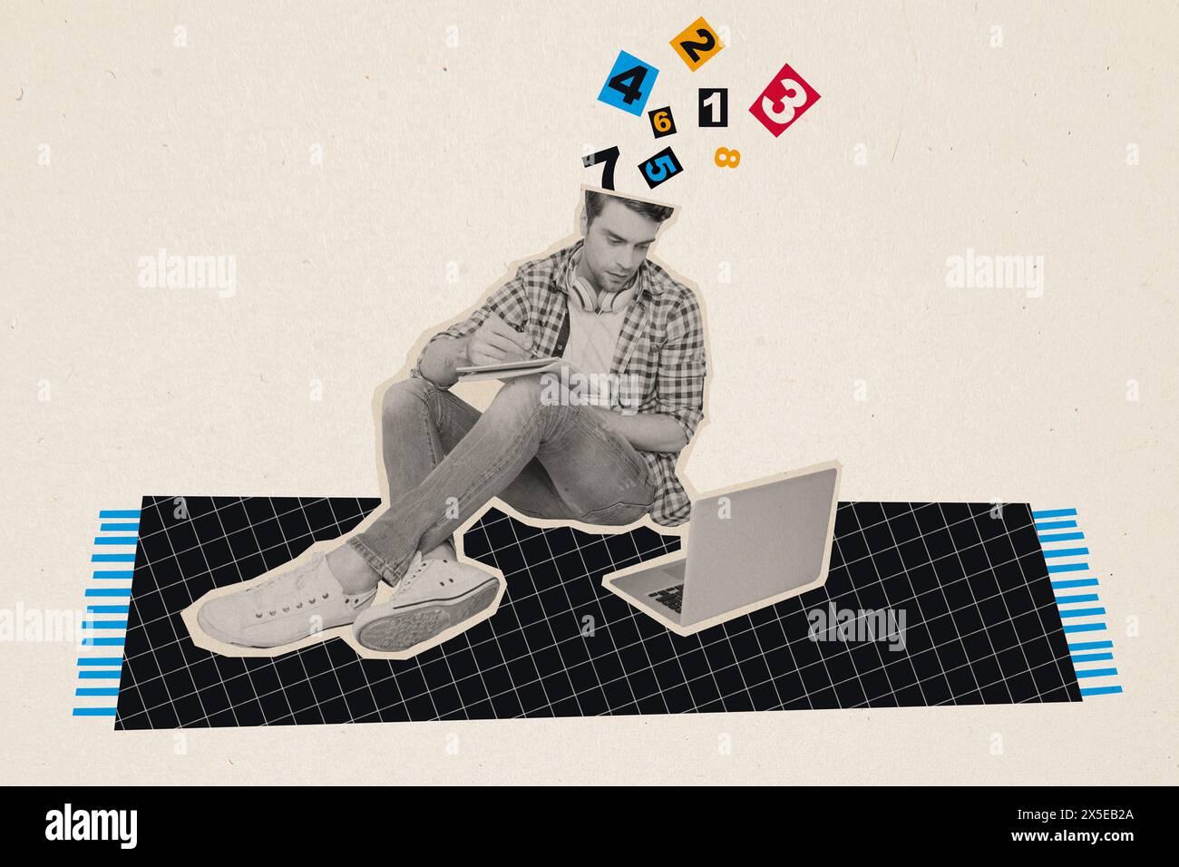 Composite collage picture image of young man laptop numbers head ...