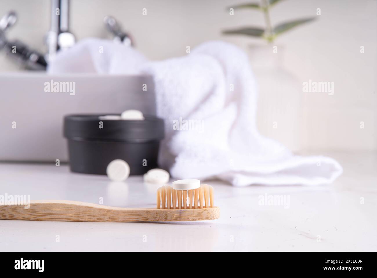 Toothpaste pills tablets on toothbrush, white solid toothpaste tablet ...