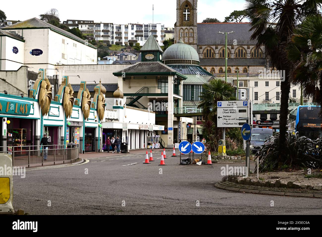 Roadworks signs and cones in the centre of Torquay Stock Photo - Alamy