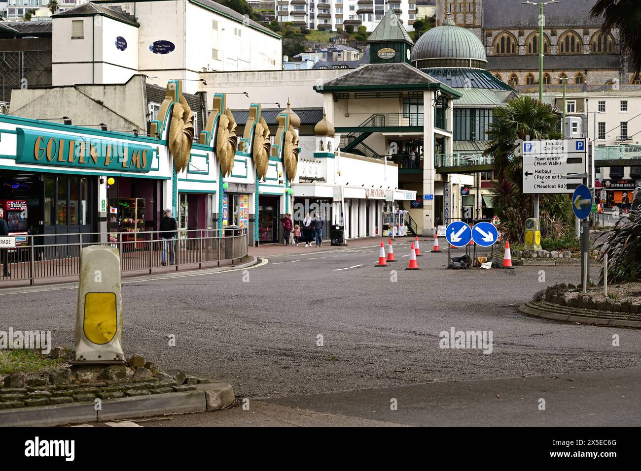 Roadworks signs and cones in the centre of Torquay Stock Photo - Alamy