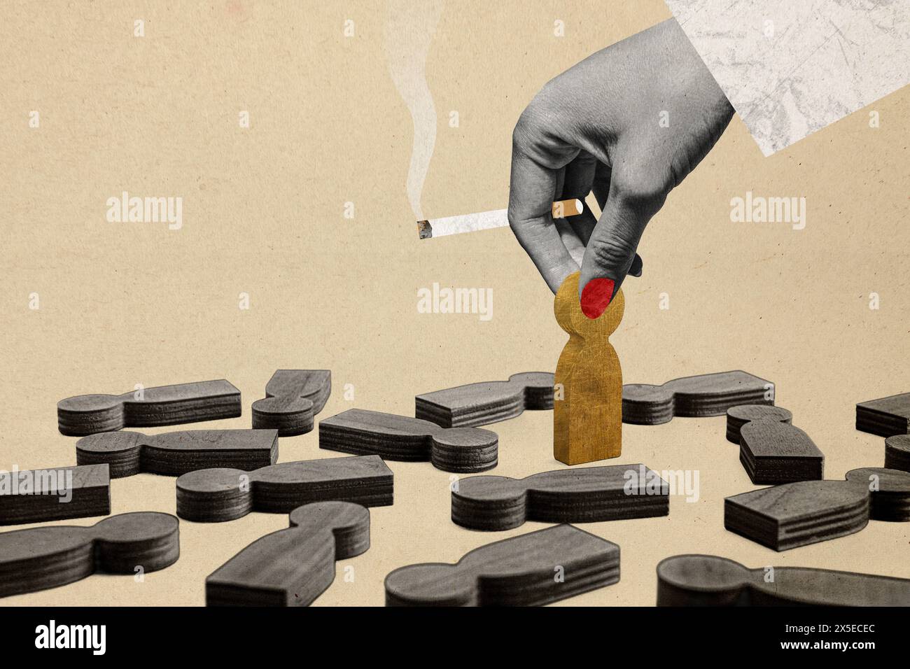 Composite photo collage of hand tip people figurine alone smoke ...