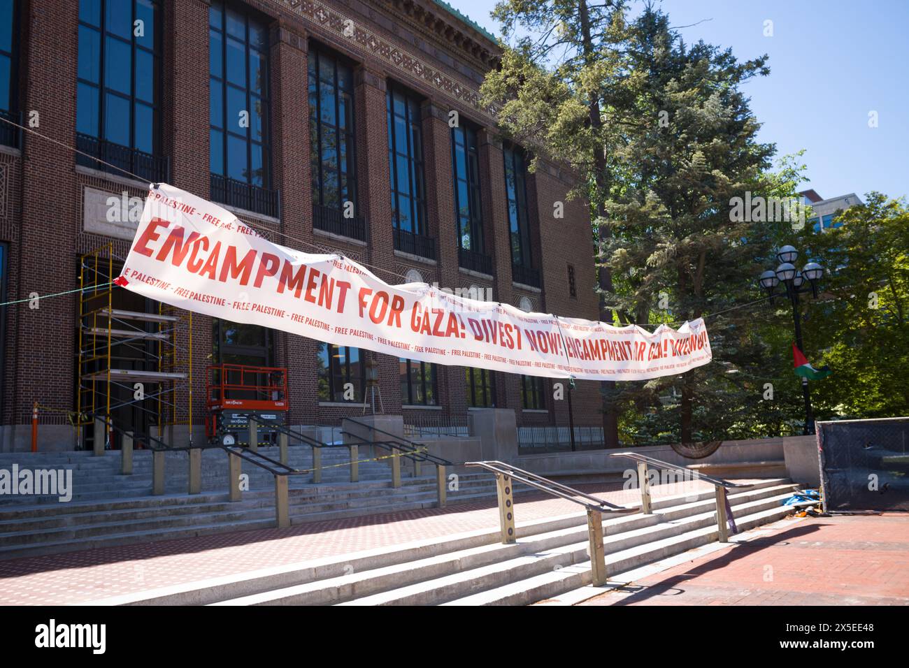 Banner outside the graduate library at the Gaza support encampment at ...