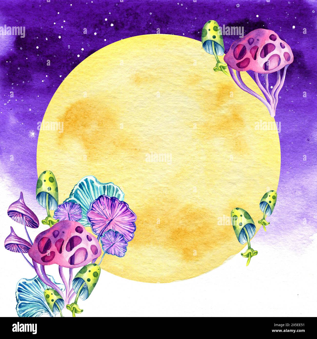 neon watercolor illustration of fantastic multicolor cosmic mushrooms ...