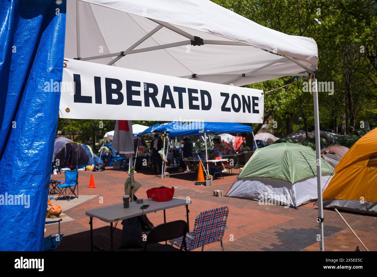 Liberated Zone banner at the Gaza support encampment at the University ...