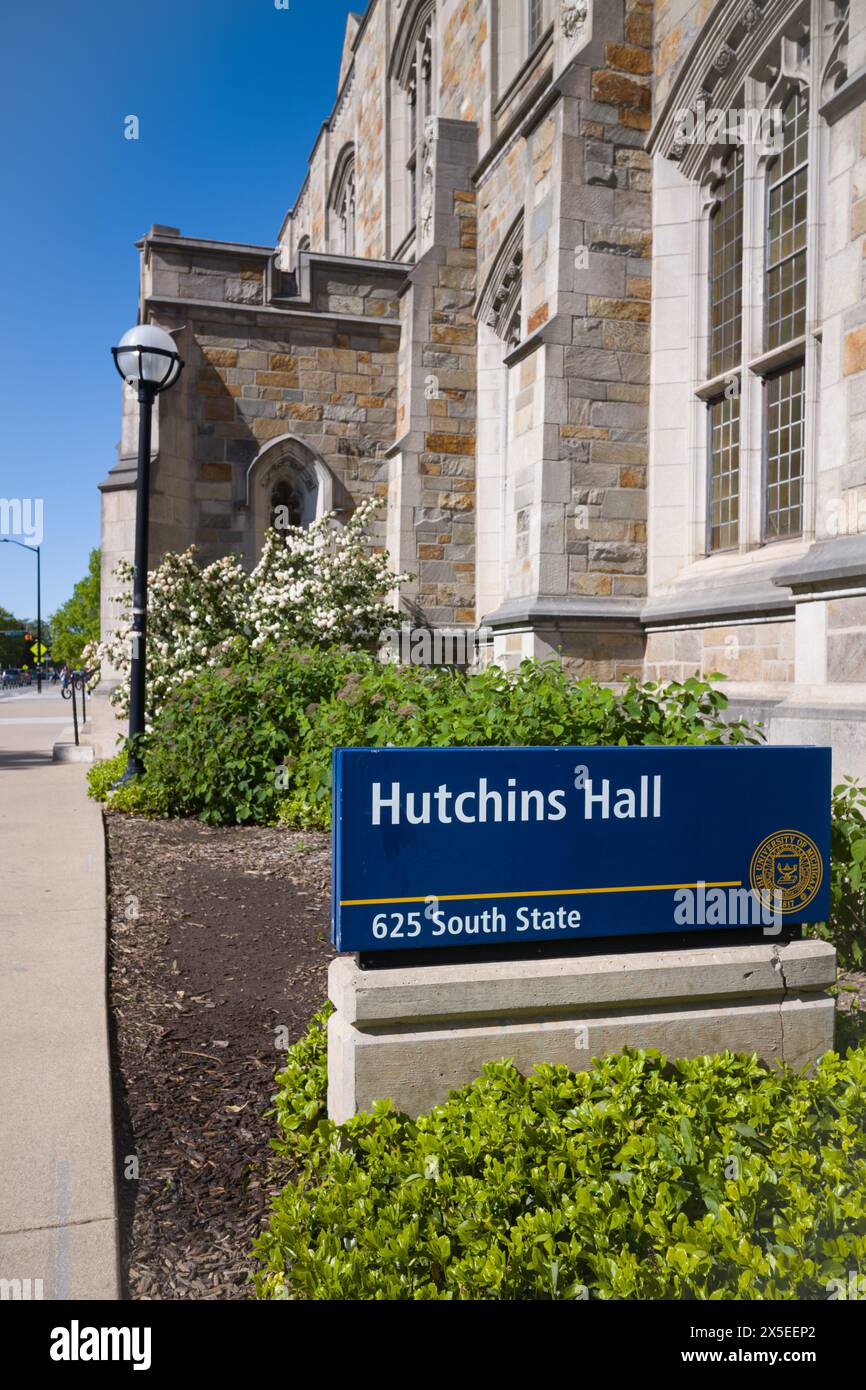 Hutchins Hall sign and building at the University of Michigan Law ...