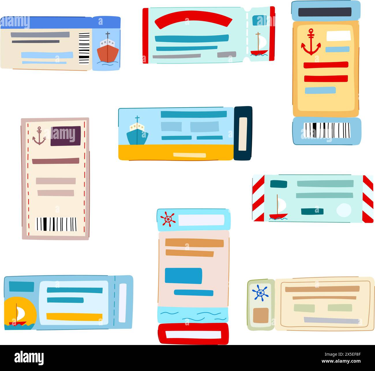 cruise ship ticket set cartoon vector illustration Stock Vector Image ...