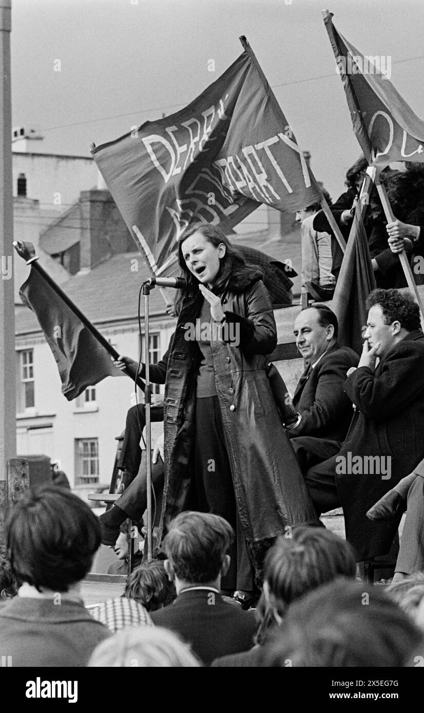 Bernadette Devlin McAliskey, then MP, speaking at May rally in Strabane ...