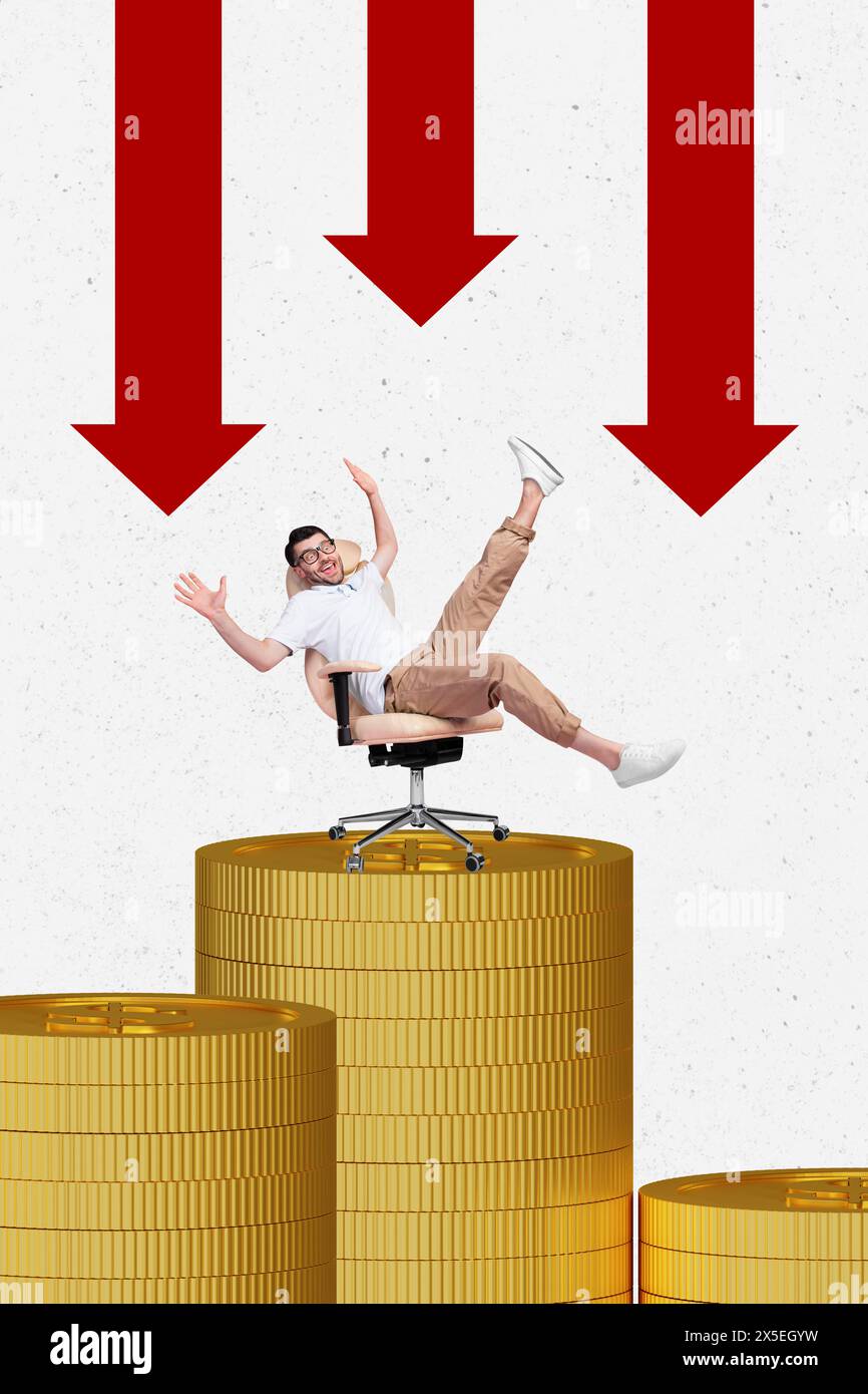 Vertical picture collage young man armchair golden coins economy ...