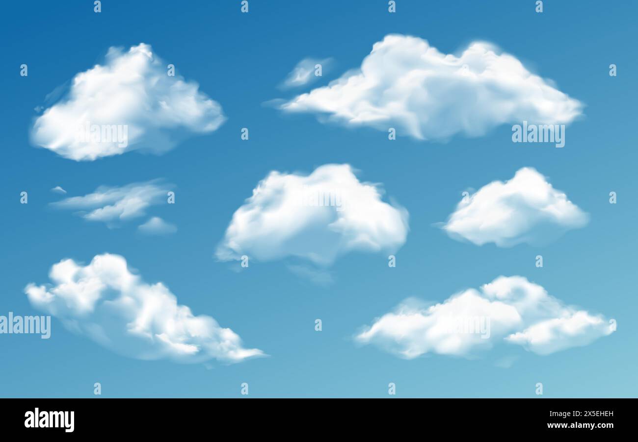Realistic clouds. White 3d transparent cloud in various shapes. Vapor ...