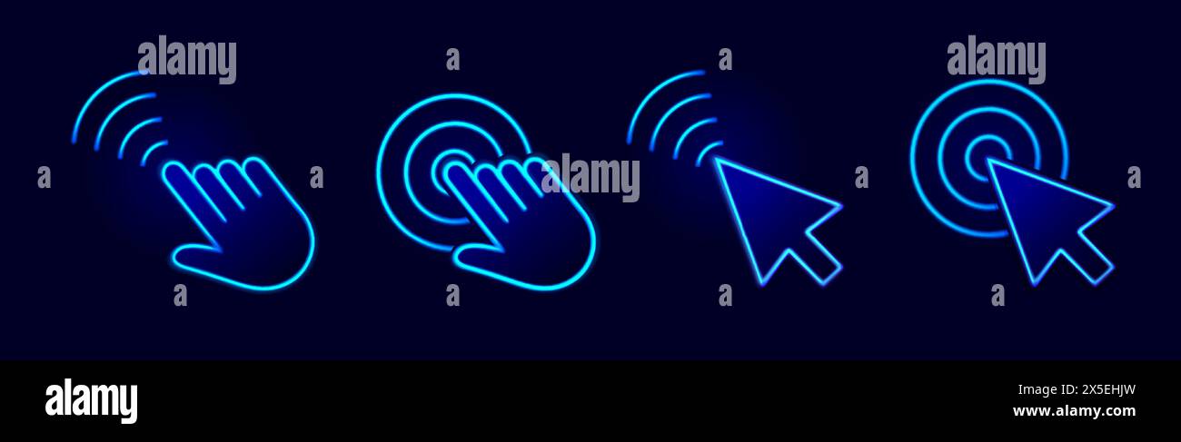 Touch wave. Hand and arrow pointer cursor icons with neon light, movement and display click ...