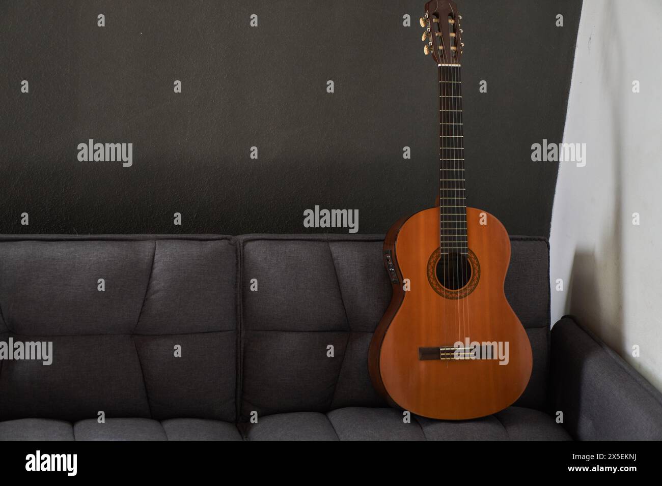 Creole guitar standing on top of a gray armchair. Window light and copy ...