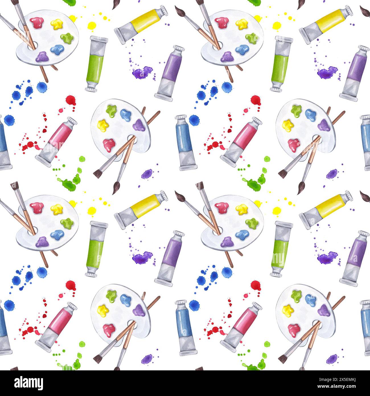 Seamless pattern art supplies colored paint palette paintbrushes tubes ...