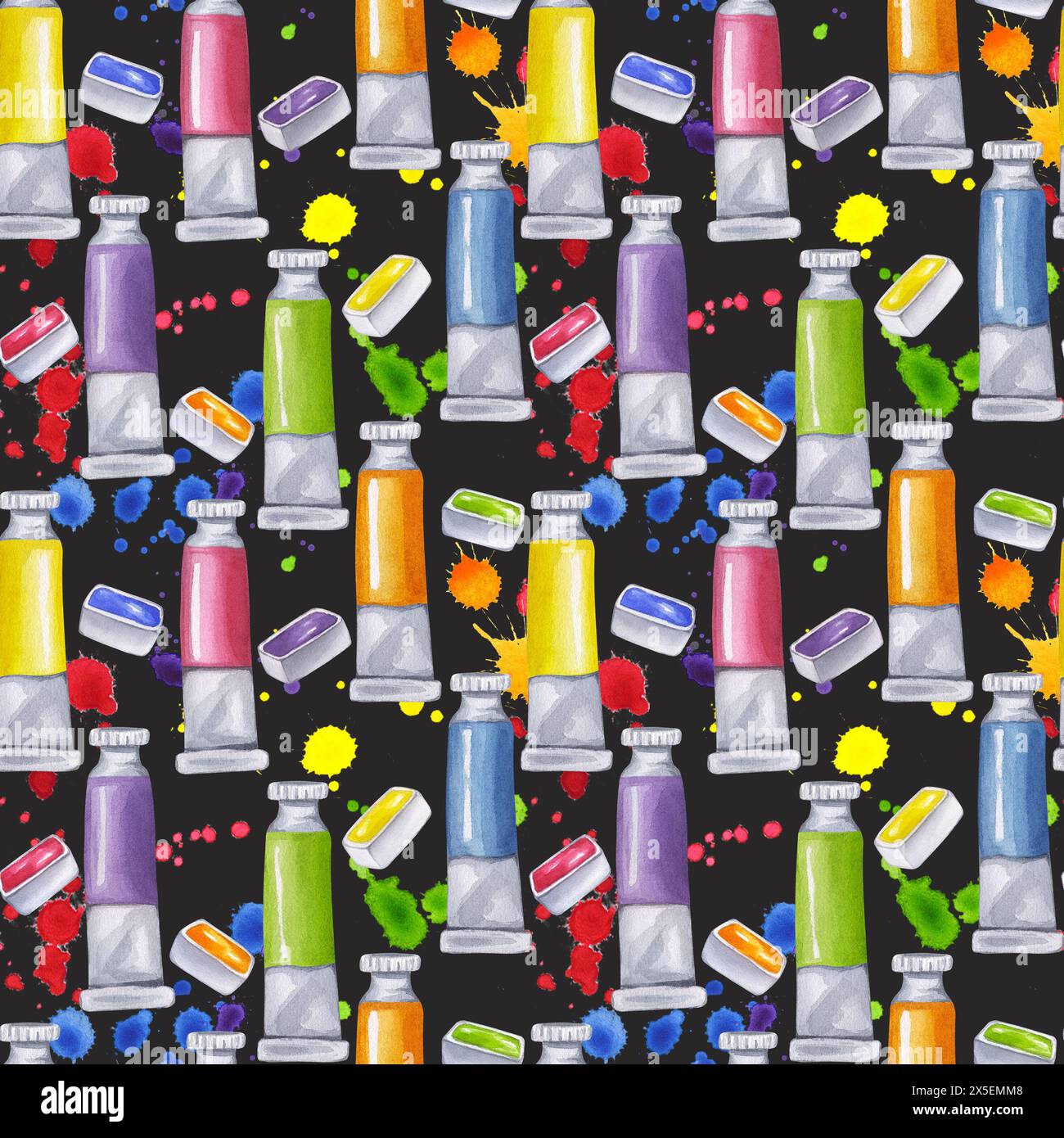Seamless pattern brightly colored paint tubes cuvettes tempera, gouache ...