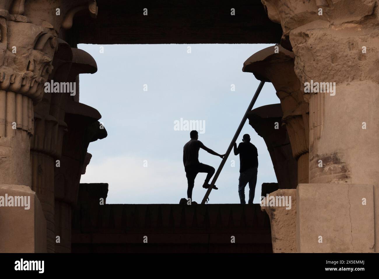 Workers with ladder carrying out conservation work at the Ptolemaic-era ...