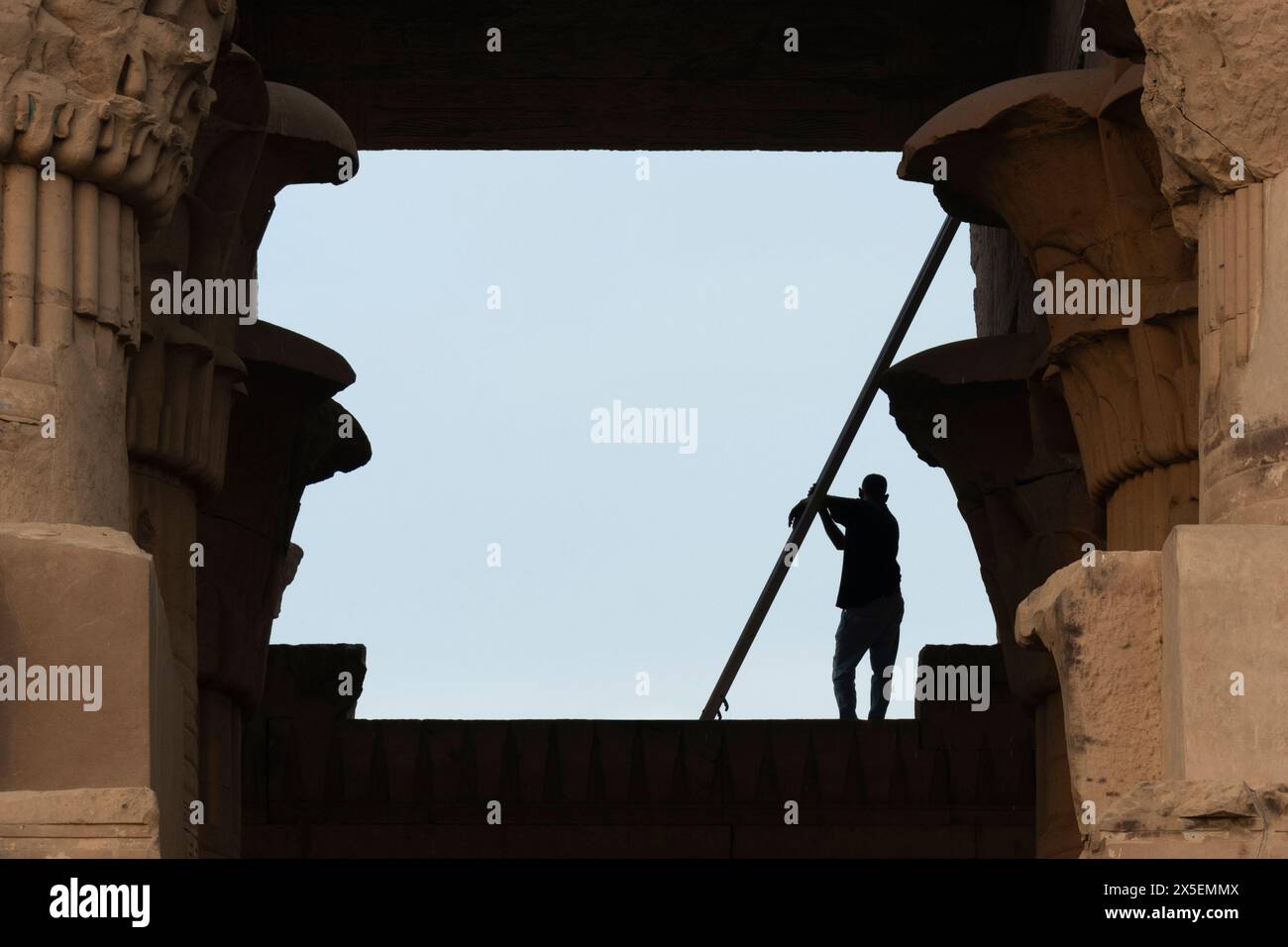 Workers with ladder carrying out conservation work at the Ptolemaic-era ...