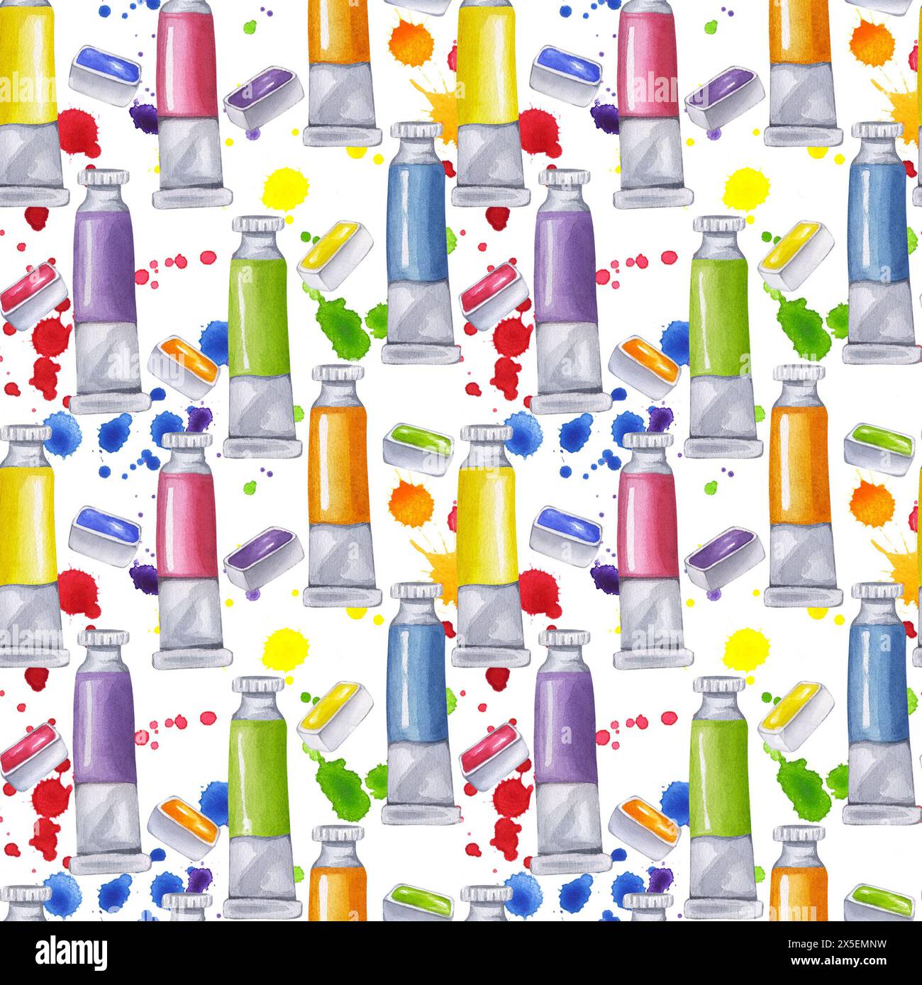 Seamless pattern brightly colored paint tubes cuvettes tempera, gouache ...