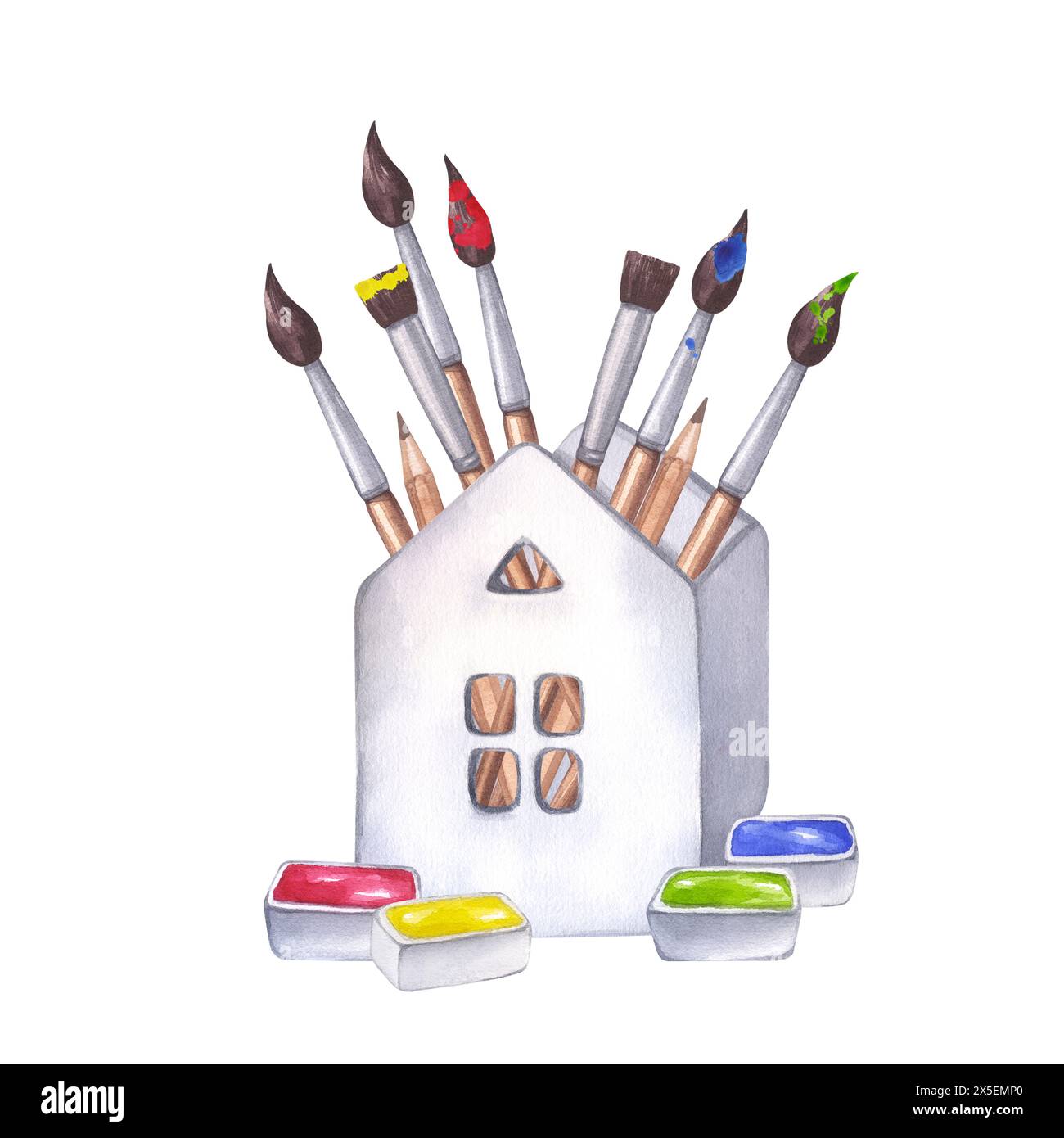 Art supplies set colored paint palette paintbrushes in white ceramic ...