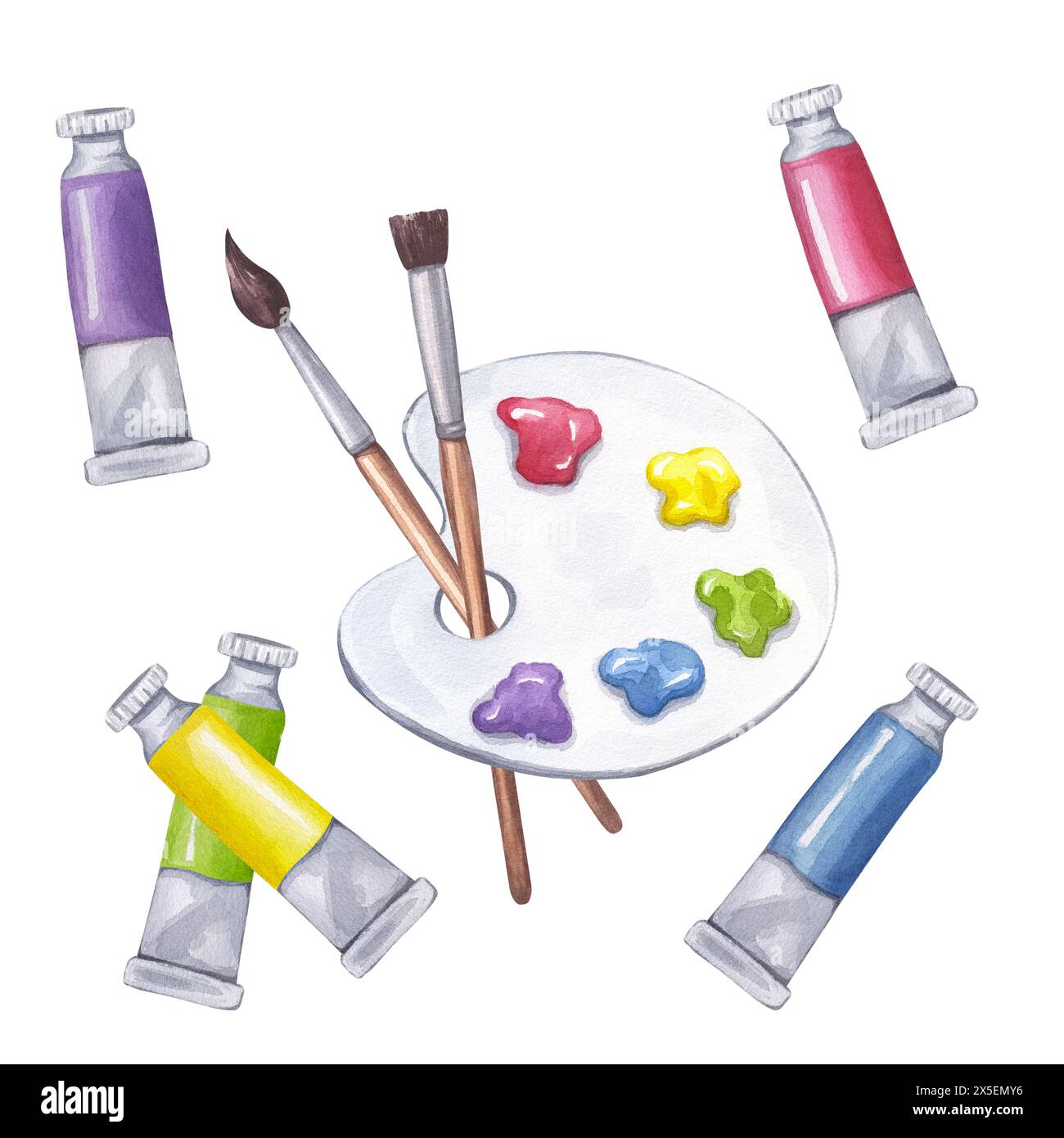 Art supplies set colored paint palette paintbrushes tubes cuvettes ...